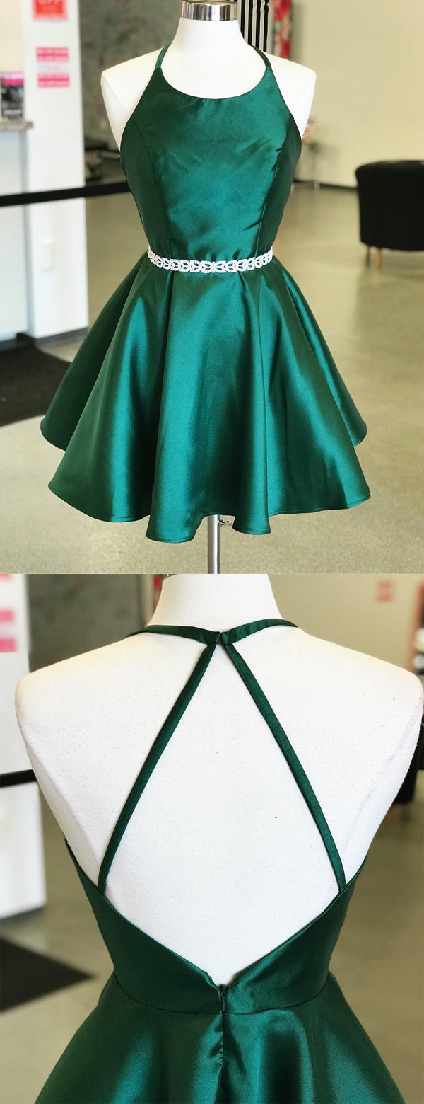 Dark Green Satin Spaghetti Strap Halter Open Back Homecoming Dresses,H ...